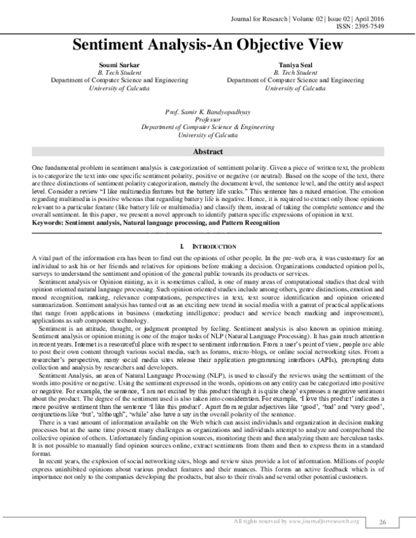 (PDF) Sentiment Analysis-An Objective View