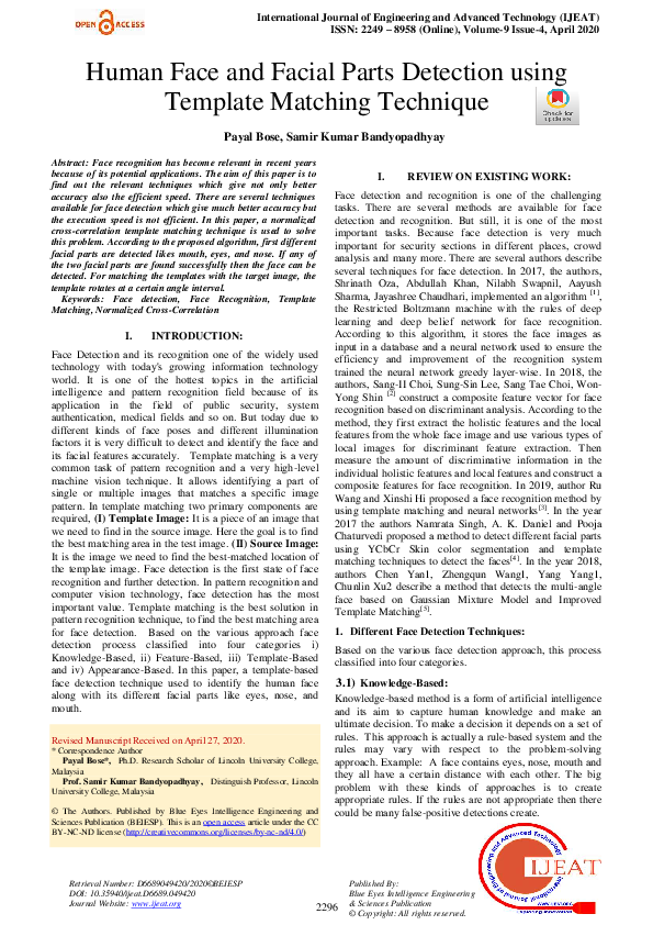 (PDF) Human Face and Facial Parts Detection using Template Matching ...