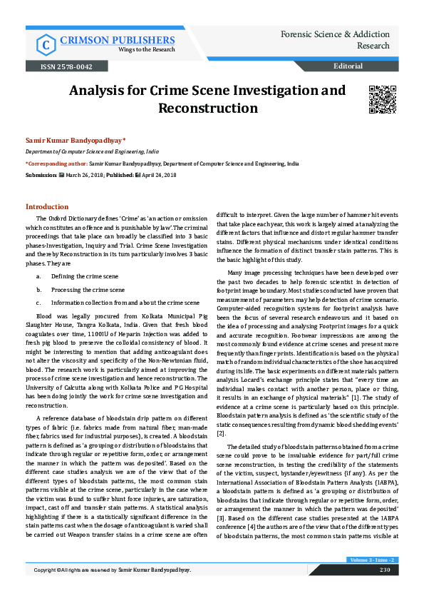 (PDF) Analysis for Crime Scene Investigation and Reconstruction