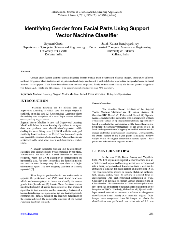 Pdf Identifying Gender From Facial Parts Using Support Vector Machine