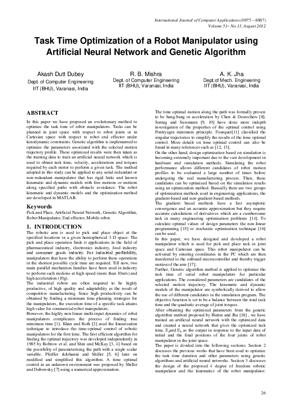Pdf Task Time Optimization Of A Robot Manipulator Using Artificial Neural Network And Genetic