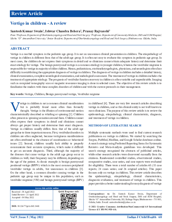 (PDF) Vertigo in children - A review