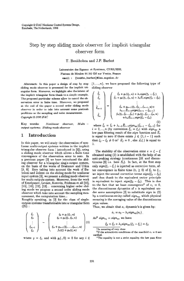 (PDF) Step by Step Sliding Mode Observer for Implicit Triangular Observer Form