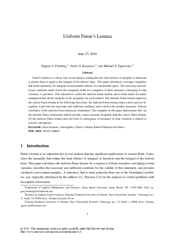 (PDF) Uniform Fatou's lemma