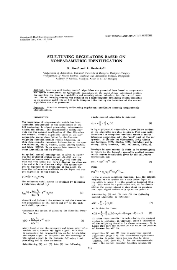 (PDF) Self-Tuning Regulators Based on Nonparametric Identification