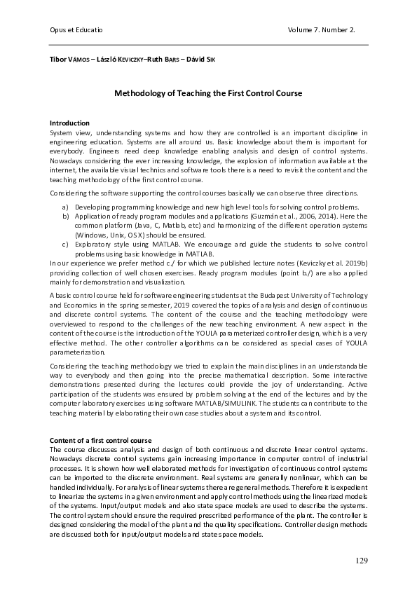 (PDF) Methodology of Teaching the First Control Course | Ruth Bars ...
