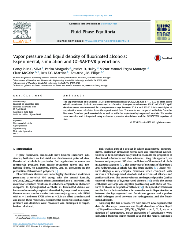 (PDF) Vapor pressure and liquid density of fluorinated alcohols ...