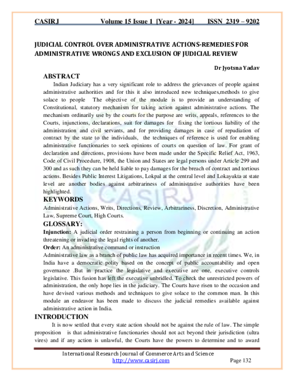 (PDF) JUDICIAL CONTROL OVER ADMINISTRATIVE ACTIONS-REMEDIES FOR ...