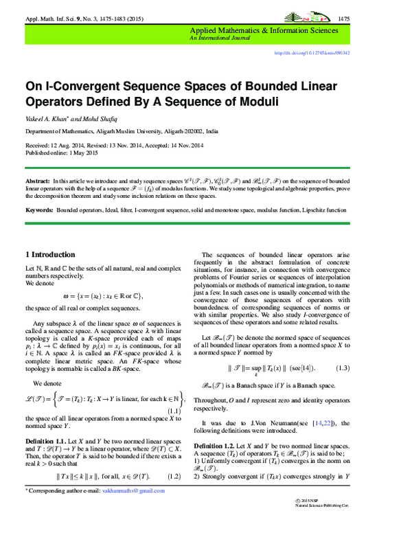 (PDF) On I-Convergent Sequence Spaces of Bounded Linear Operators Defined By A Sequence of Moduli