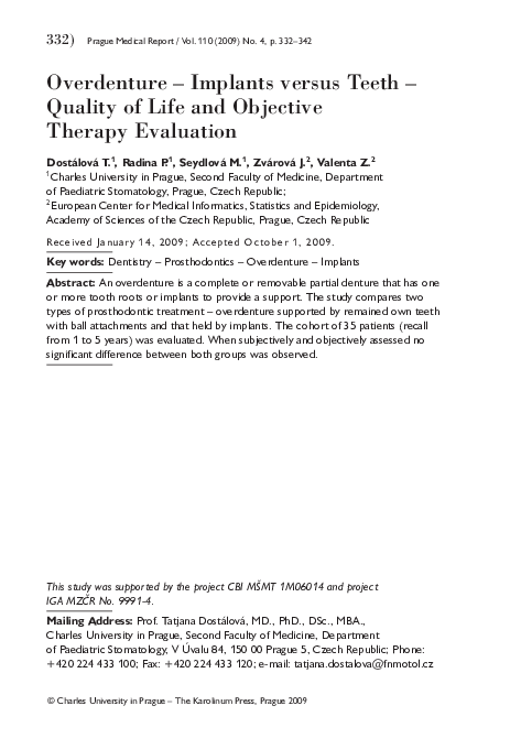 (PDF) Overdenture - implants versus teeth - quality of life and objective therapy evaluation