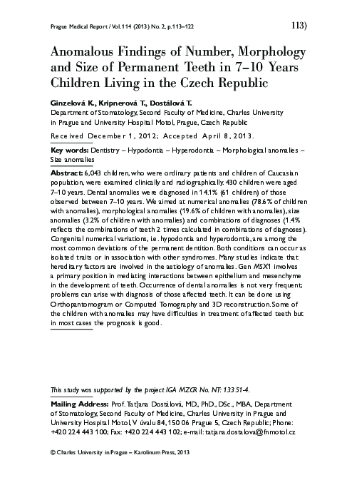(PDF) Anomalous Findings of Number, Morphology and Size of Permanent ...