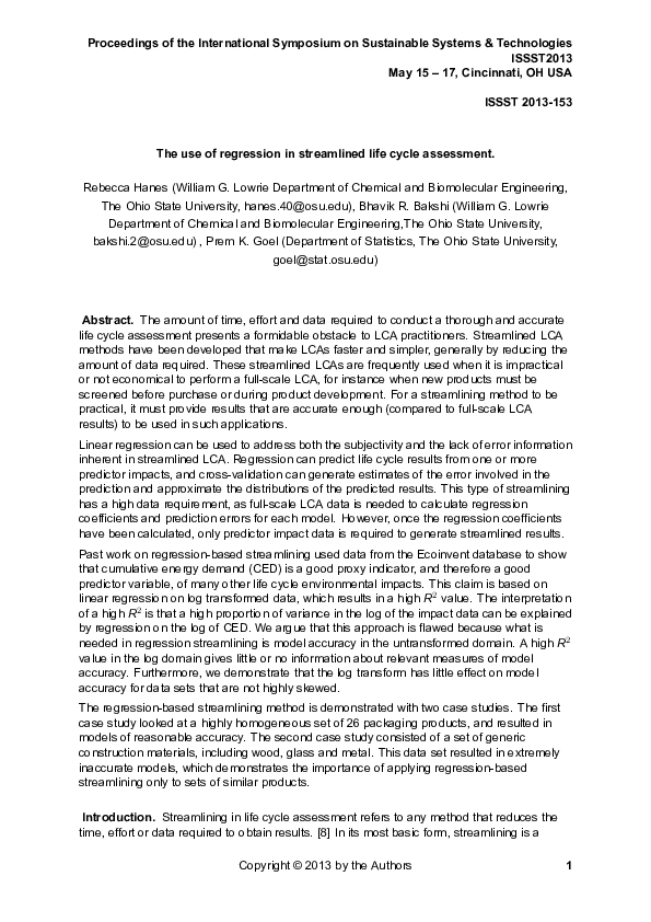 (PDF) The Use of Regression in Streamlined Life Cycle Assessment