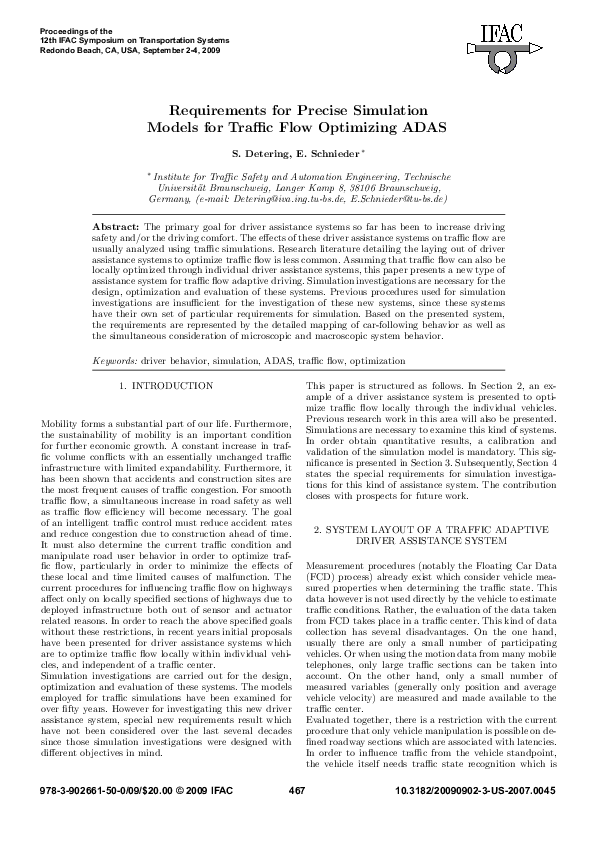 (PDF) Requirements for Precise Simulation Models for Traffic Flow Optimizing ADAS