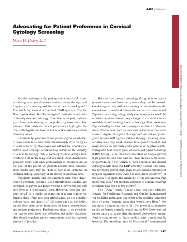(PDF) Advocating for Patient Preference in Cervical Cytology Screening