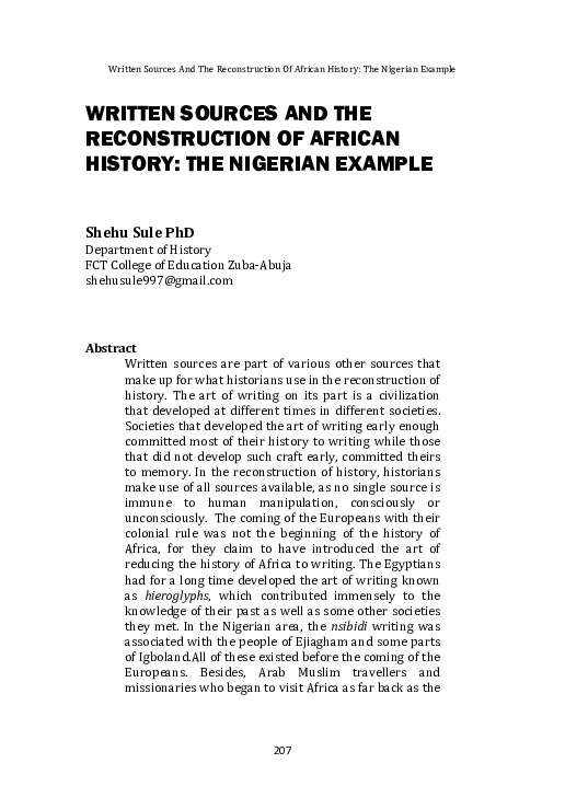 (PDF) WRITTEN SOURCES AND THE RECONSTRUCTION OF AFRICAN HISTORY: THE ...