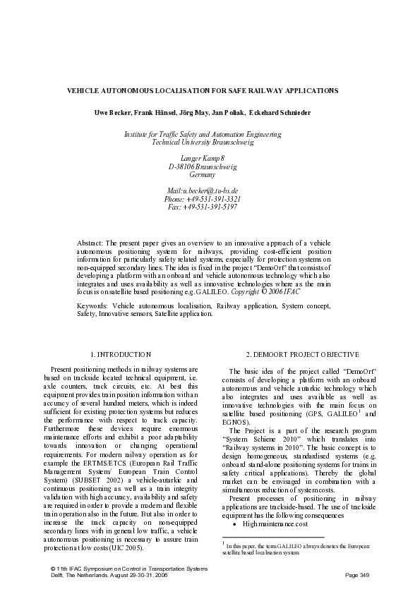 Pdf Autonomous Vehicle Positioning For Rail Safety