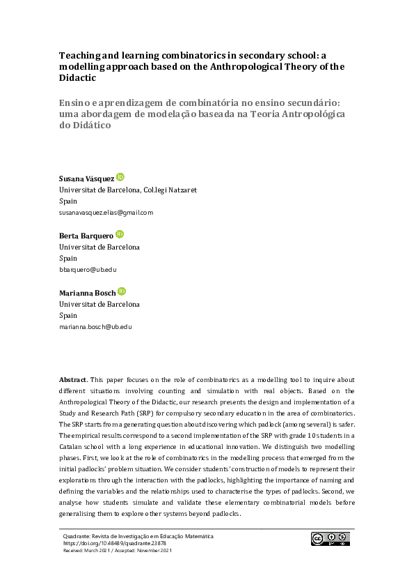 (PDF) Teaching and learning combinatorics in secondary school: a modelling approach based on the ...