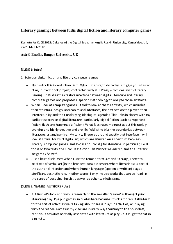 (PDF) Literary gaming: between ludic digital fiction and literary ...