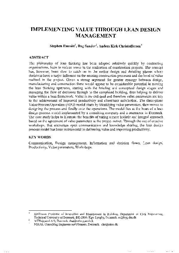 (PDF) Implementing Value Through Lean Design Management