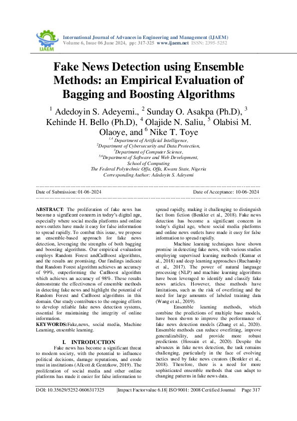 (PDF) Fake News Detection using Ensemble Methods: an Empirical Evaluation of Bagging and ...