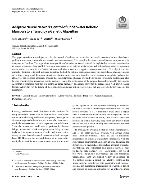 (PDF) Adaptive Neural Network Control of Underwater Robotic Manipulators Tuned by a Genetic ...