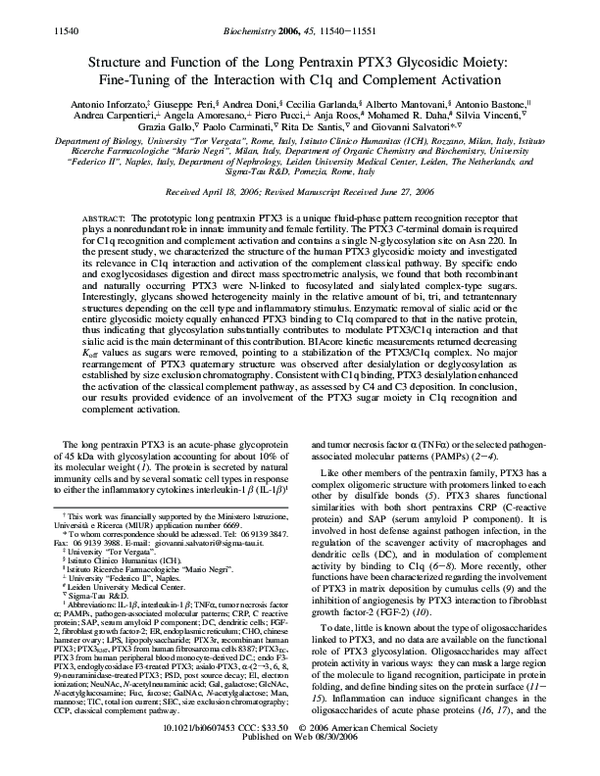 (PDF) Structure and Function of the Long Pentraxin PTX3 Glycosidic Moiety: Fine-Tuning of the ...