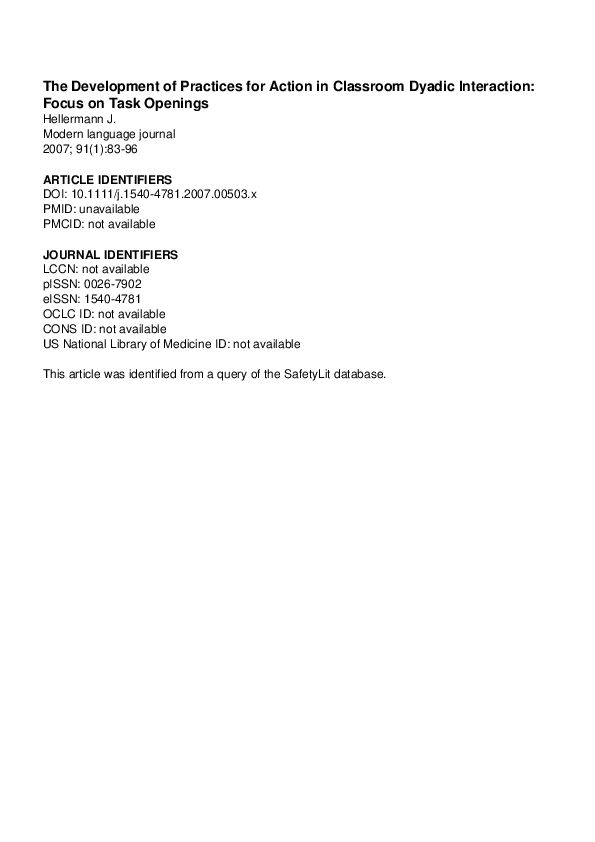 (PDF) The Development of Practices for Action in Classroom Dyadic ...