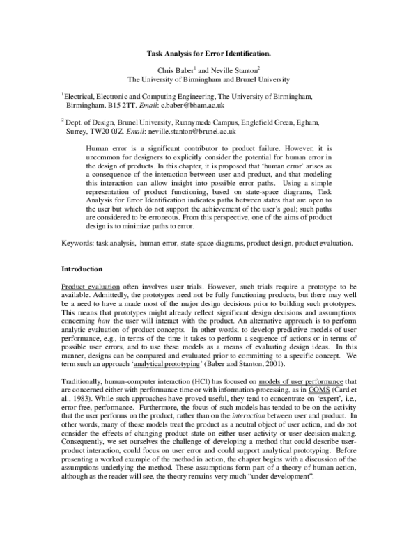 (PDF) Task analysis for error identification: a methodology for designing error-tolerant ...