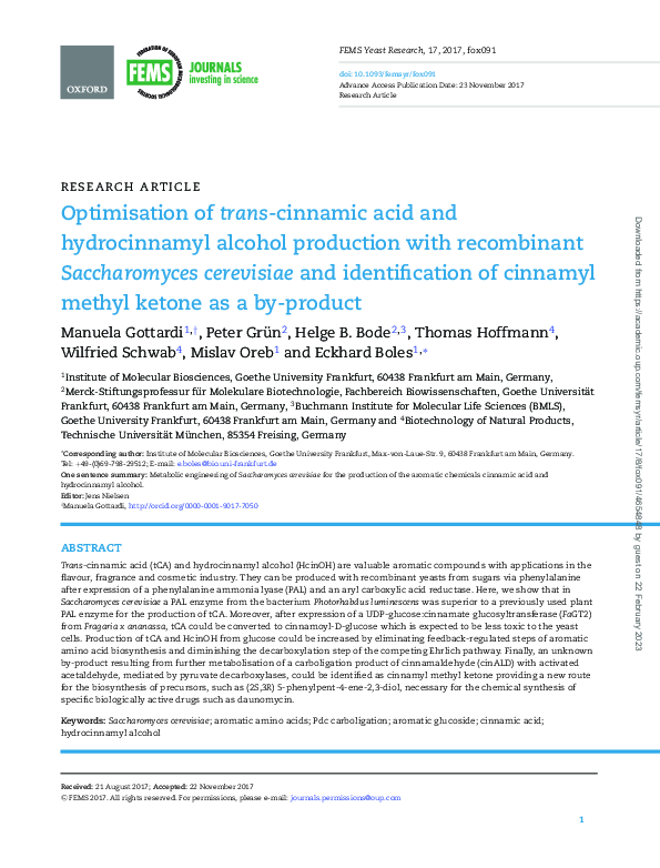(PDF) Optimisation of trans-cinnamic acid and hydrocinnamyl alcohol ...