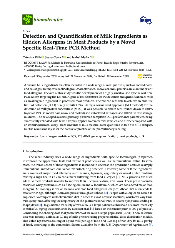 (PDF) Detection and Quantification of Milk Ingredients as Hidden Allergens in Meat Products by a ...