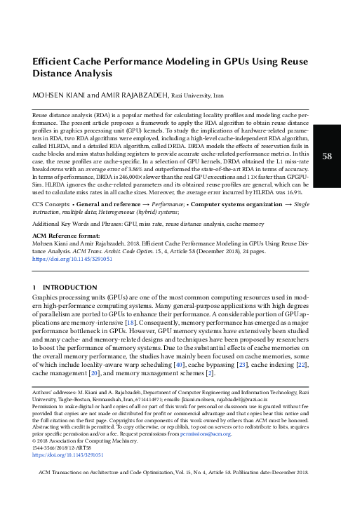 (PDF) Efficient Cache Performance Modeling in GPUs Using Reuse Distance ...