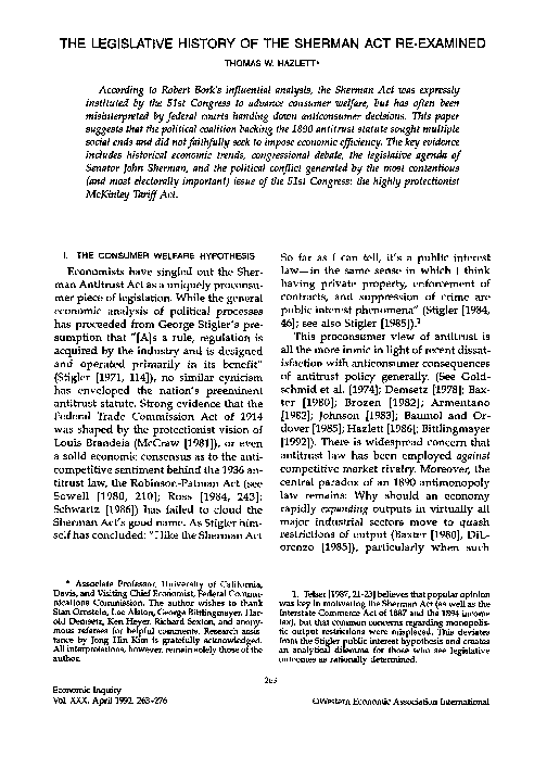 (PDF) The Legislative History of the Sherman Act Re‐Examined