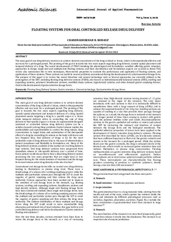 Pdf Floating Systems For Oral Controlled Release Drug Delivery