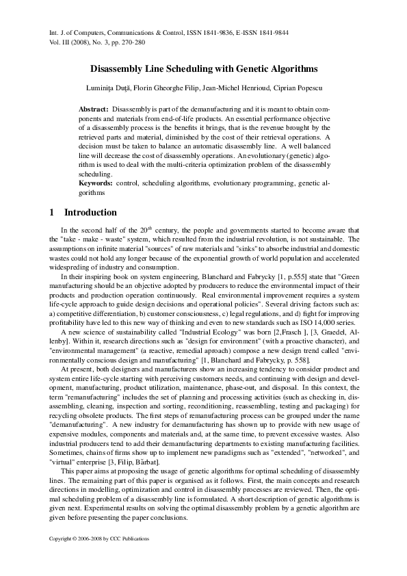 (PDF) Disassembly Line Scheduling with Genetic Algorithms