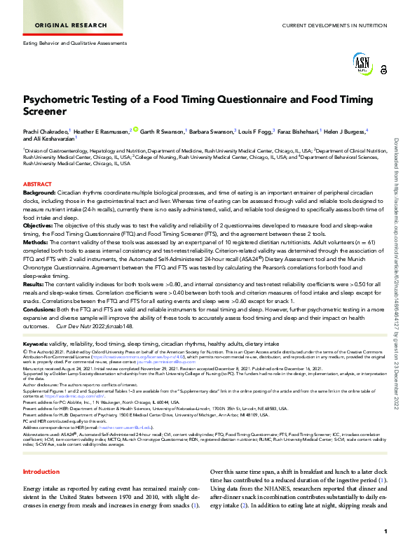 (PDF) Psychometric Testing of a Food Timing Questionnaire and Food ...