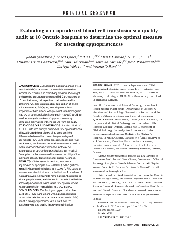 (PDF) Evaluating appropriate red blood cell transfusions: a quality ...