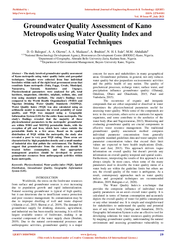 (PDF) Groundwater Quality Assessment of Kano Metropolis using Water Quality Index and Geospatial ...