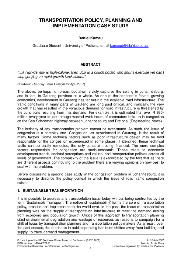 (PDF) Transportation policy, planning and implementation case study ...