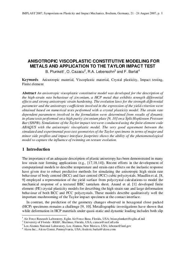 (PDF) Anisotropic Viscoplastic Constitutive Modeling for Metals and Application to the Taylor ...