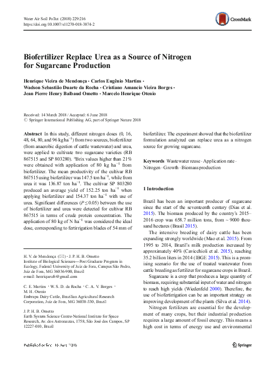 (PDF) Biofertilizer Replace Urea as a Source of Nitrogen for Sugarcane ...