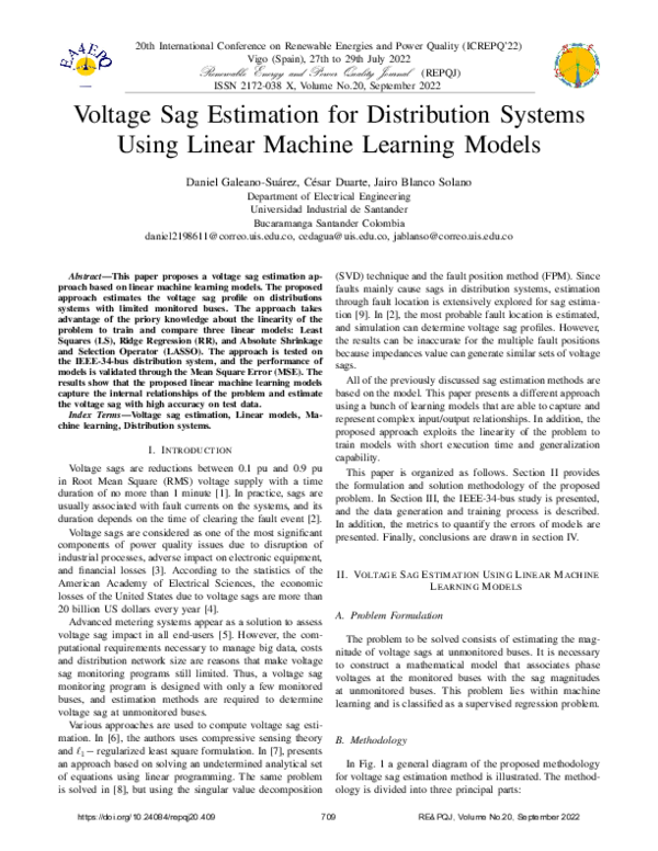 (PDF) Voltage Sag Estimation for Distribution Systems Using Linear ...