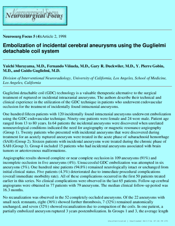 (PDF) Embolization of incidental cerebral aneurysms by using the ...
