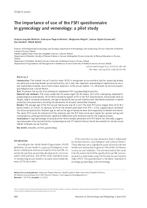 (PDF) The importance of use of the FSFI questionnaire in gynecology and venerology: a pilot study