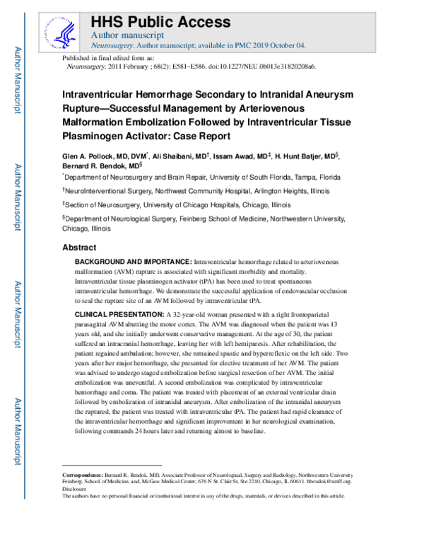 (PDF) Intraventricular Hemorrhage Secondary to Intranidal Aneurysm ...