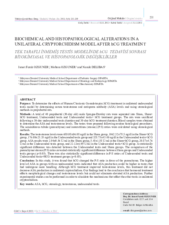 (PDF) BIOCHEMICAL AND HISTOPATHOLOGICAL ALTERATIONS IN A UNILATERAL ...