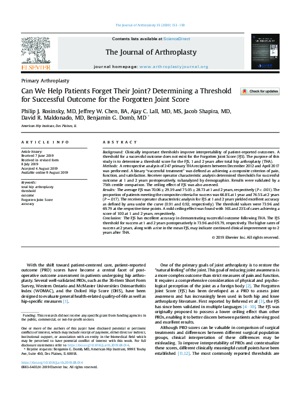 (PDF) Can We Help Patients Forget Their Joint? Determining a Threshold ...