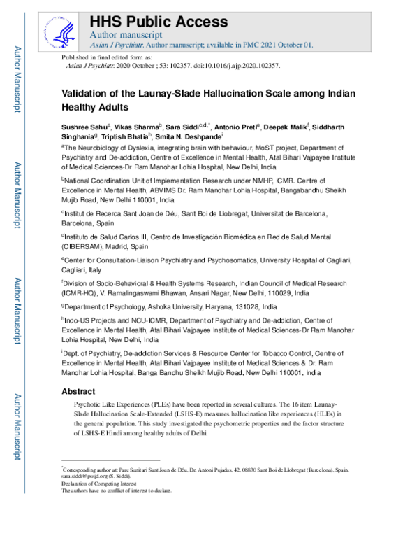 (PDF) Validation of the Launay-Slade Hallucination Scale among Indian ...