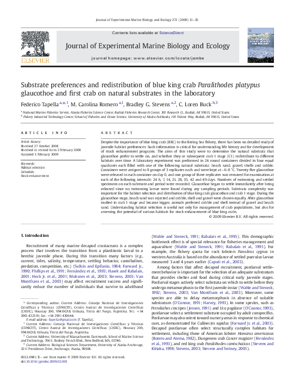 (PDF) Substrate preferences and redistribution of blue king crab ...