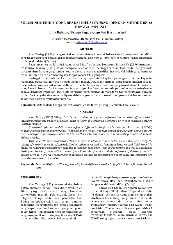 (PDF) Solusi Numerik Model Reaksi-Difusi (Turing) dengan Metode Beda ...