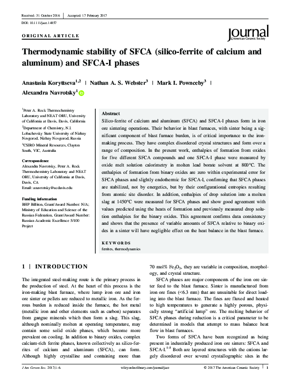 (PDF) Thermodynamic stability of SFCA (silico-ferrite of calcium and ...